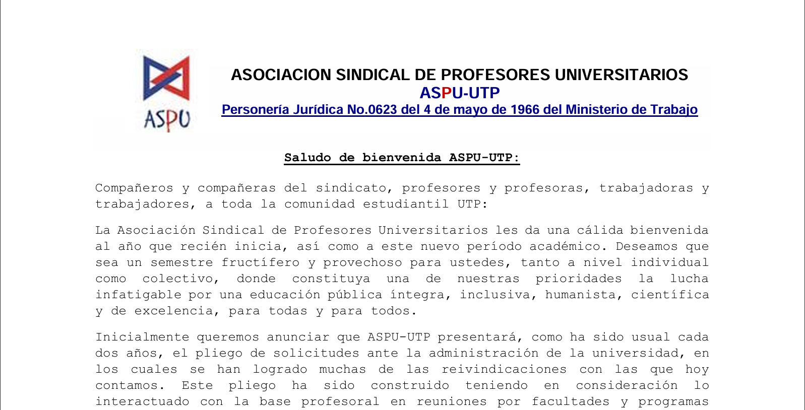 Comunicado de bienvenida ASPU-UTP 2025 - ASPU